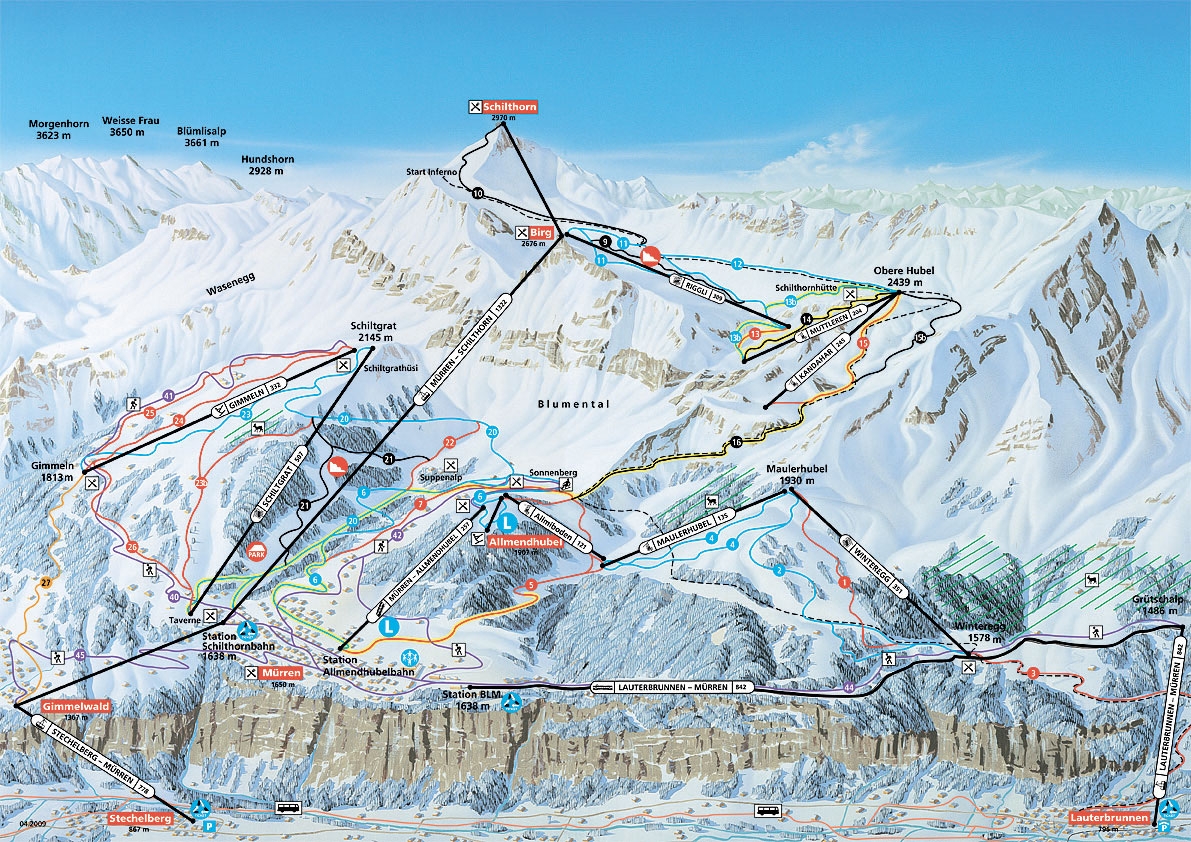 Mürren Berner Oberland, Skigebiet Mürren-Schilthorn, Ski map, Slopes ...
